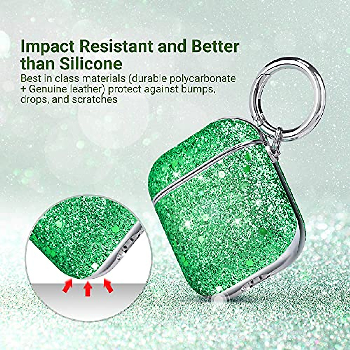 Imguardz AirPods Case for Women Girls, Luxury Bling Case for AirPods 2nd Generation, Glittery Leather Hard Protective Cover with Keychain Compatible with Apple AirPods 2 & 1 (Front LED Visible), Green