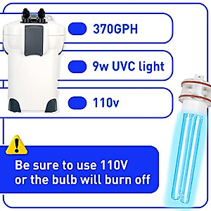 COOSPIDER UV Light External Canister Filters Fish Tank Filter 370GPH Aquarium Turtle Tank Filter with Media EPA EST NO. : 96998-CHN-1