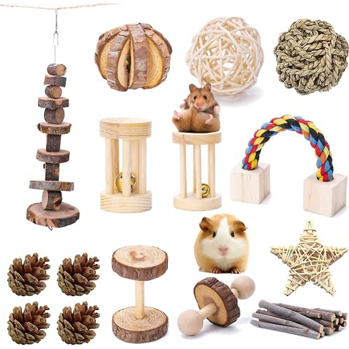 VCZONE 15Pcs Guinea Pig Toys Chinchilla Hamster Toys, Bunny Chew Toys Rat Gerbil Molar Wooden Pine Dumbells Exercise Bell Roller Fun Pet Balls Small Pets Play Toy (15 Pack)