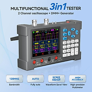 3 in 1 Portable 2CH Handheld Oscilloscope [2023 Upgraded] 120MHz Bandwidth 500MSa/s + Digital Multimeter Tester Auto Range+ Waveform Generator
