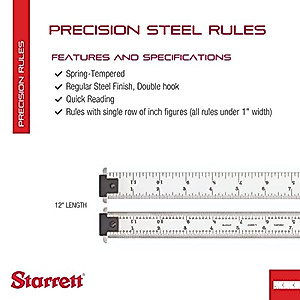 Starrett Spring Tempered Steel Rule with Regular Steel Finish, Quick Reading, Inch Graduations, and Adjustable Double Hook - 12" Length, 4R Graduation Type, 3/64" Thickness - DH604R-12
