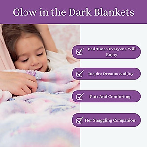 100 UNICORNS Glow in The Dark Unicorn Blanket | Ultra Soft | A Plush, Cozy & Fluffy Throw | Fun Gift for The Birthday Girl | Great Addition to Your Kids or Baby Bedroom Decor and Toys | Pink & Purple