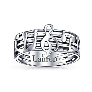 Personalize Musician Student Teacher Bar Measure Treble Clef Note Music Band Ring For Teen For Women Oxidized .925 Sterling Silver Customizable