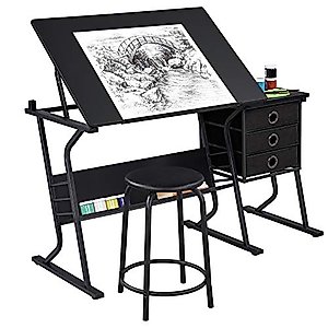 Topeakmart Height Adjustable Drafting Table Art Craft Desk Work Station Hobby Design Studio Tiltable Tabletop Drawing Desk with Stool & Storage Drawers ‎50.5 x 23.6 x 43.7 inches