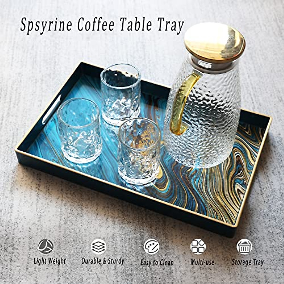 Spsyrine Serving Tray, Marble Decorative Tray Plastic Rectangular Coffee Table Tray for Living Room, Storage, Kitchen, Ottoman, Bathroom Decor. 15.6” X 10.2" LJRE