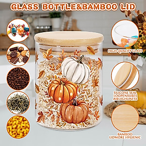 JarThenaAMCS 3Pcs Fall Thanksgiving Glass Storage Jars with Airtight Bamboo Lids 17oz Autumn Leaves Pumpkins Clear Food Storage Canisters for Home Kitchen Countertop Decoration