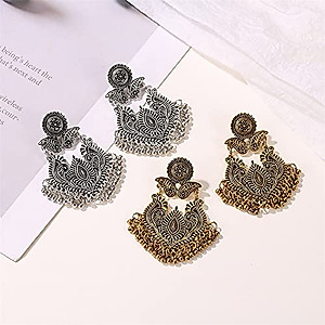 4 Pair Traditional Vintage Retro Antique Silver Gold Boho Bohemian Jewelry Ethnic Tribal Gypsy Engraved Hook Drop Dangle Jhumka Bells Tassel Earrings for Women -Style 1