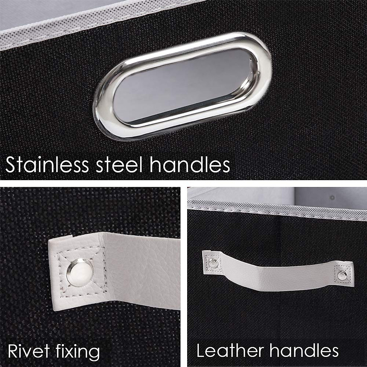 PRANDOM Large Collapsible Storage Bins for Closet [3-Pack] Decorative Fabric Storage Baskets Cubes with Leather/Metal Handles for Shelves Bedroom Living Room Black (14.9x9.8x8.3 Inch)