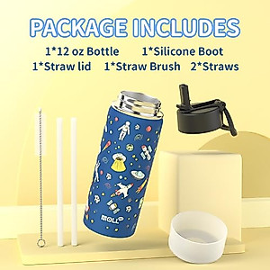 Mollcity 12 oz Stainless Steel Vacuum Insulated Wide Mouth Sports Water Bottle with Straw - Metal Water Flask for Kids for School, BPA-Free-Astronaut