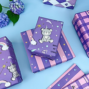 Dtiafu Baby Wrapping Paper - 10 Sheets Purple Pink Gift Wrap Paper for Baby Girl Neutral Birthday Baby Shower - Bear/Diamond, Rainbow/Floral Print - 20 x 28inch Per Sheet (Kraft)