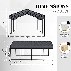 Vigo huseeo 12x20x8.7 FT Carport with Galvanized Steel Roof, Heavy Duty Metal Carport Canopy, Metal Carport Garage for Pickup, Boat, Car and Tractors, Grey