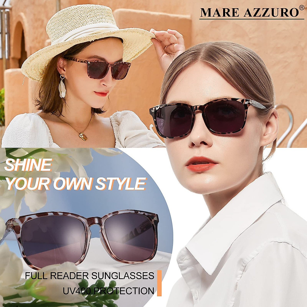 MARE AZZURO Reader Sunglasses for Women 0.50 0.75 1.00 1.25 1.50 1.75 2.00 2.25 2.50 2.75 3.00 3.25 3.50 3.75 4.00 (Leopard, 2.00)