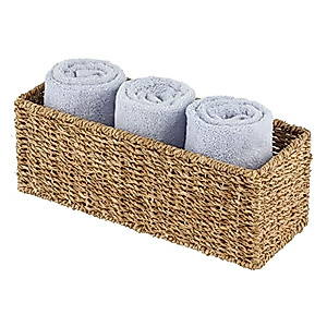 mDesign Small Natural Woven Seagrass Bathroom Toliet Roll Holder Storage Organizer Basket Bin; Use on Bathroom Countertop, Toilet Tank Top - Holds 3 Rolls of Toilet Paper - Natural/Tan