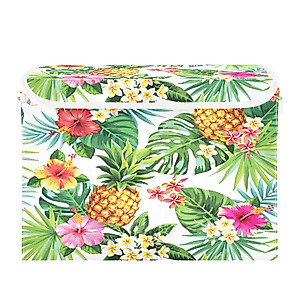 DIGTIA Tropical Pineapple Floral Storage Bins with Lids Large Palm Leaves Summer Storage Basket with Handles Foldable Fabric Storage Box Organizer for Clothes Toys Closet Cabinet Home Office Bedroom