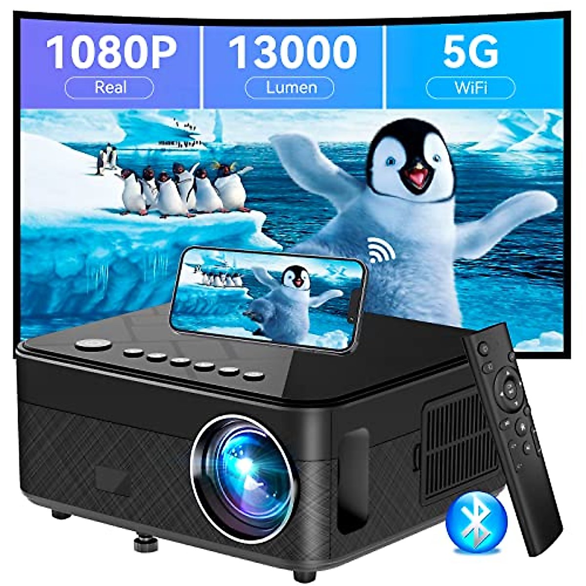 4K FHD WiFi Projector, Bluetooth Projector, 200" Portable Movie Projector, 13000 Lumens 500 ANSI Home Theater Video Projector Compatible with HDMI, USB, Laptop, iOS & Android Smartphone