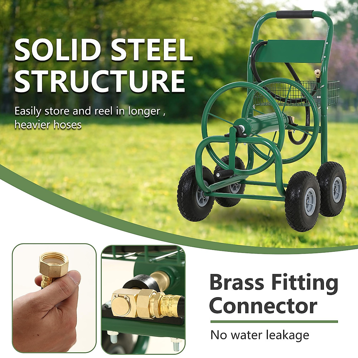 Hose Reel Hold Up To 300 Ft Heavy Duty Garden Hose Reel Sturdy Water Hose Reel Cart with 4 Wheels Storage Basket for Garden Lawn Yard Outdoor (Green)