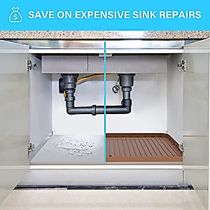 Under Sink Mat, 34" x 22" Under Sink Mats for Kitchen Waterproof - Silicone Under Sink Liner Drip Tray with Drain Hole, Sink Cabinet Protector Mat for Kitchen & Bathroom (Khaki)