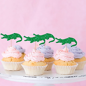 24Pcs Crocodile Cupcake Toppers, Green Glitter Crocodile Cake Decor, Reptile Animal Cake Decorations for Baby Shower, Reptile Pet Themed Birthday Party Decoration