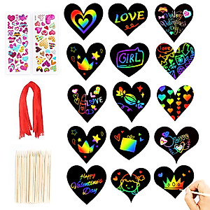 28 Pieces Valentines Crafts for Kids,Rainbow Scratch Paper Ornaments,Heart Shape Scratch Craft Art Kit for Class Valentines DIY Art Activity,School Valentines Day Gifts for Kids