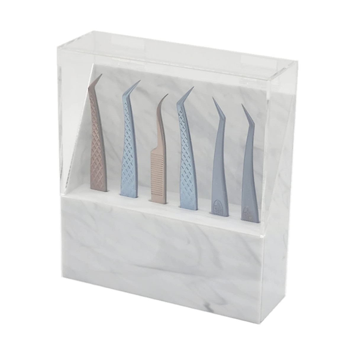 Tweezers Holder Shelf, Dust-proof Tweezer Stand, 6-Hole Acrylic Tweezers Display Stand, Storage Rack Eyelash Extension Tweezers Box with Dust Cover for Salon (White Marble)
