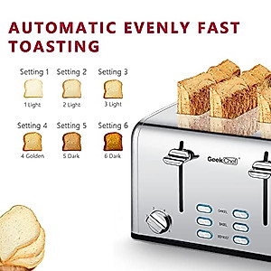 Geek Chef 4 Slice toaster, Best Rated Prime Retro Bagel Toaster with 6 Bread Shade Settings, 4 Extra Wide Slots, Defrost/Bagel/Cancel Function, Removable Crumb Tray, Stainless Steel Toaster (4 slice stainless steel （classic）)