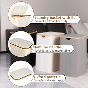 iEGrow Slim Laundry Hamper, Narrow Laundry Basket with Lid,Foldable Clothes Hamper with Bamboo Handles,Hamper Basket with Removable Inner Bag for Laundry Room Bedroom College Dorm,60L Beige