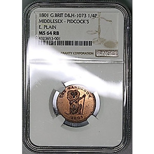 1801 UK Great Britain Conder Token WANDEROW Pidcock's Middlesex D&H 1073 (16091101C) Farthing Mint State NGC MS 64 RB