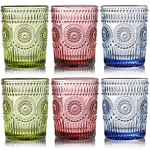 Kingrol 6 Pack 9.5 oz Colored Water Glasses, Vintage Drinking Glasses Tumblers, Premium Glassware Set for Juice, Beverages, Beer, Cocktail
