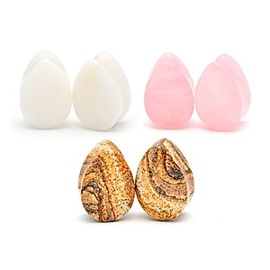 Mystic Metals Body Jewelry Set of 3 Pairs Teardrop Stone Plugs - Rose Quartz, White Jade, Picture Jasper (0g (8mm))