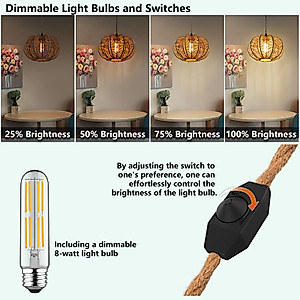 tebio Plug in Pendant Light Rattan Hanging Lights with Plug in Cord 15FT Hemp Rope Cord, Dimmable Switch – Indoor hanging lamps for Boho Living Room Bedroom（Bulb Included） 11 x 7 inch