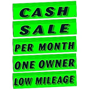 Versa Tags Windshield Slogan Stickers 12 Pack Each of Cash, Sale, PER Month, ONE Owner, Low Mileage (60) Window Stickers Total Dealership Stickers Black On Green