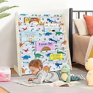 wooshwa Kids Bookshelf 5 Tier Wooden Toy and Book Storage Organizer 3 Pockets Toddler Sling Book Rack with Deep Sleeves for Boys Playroom Nursery Bedroom (Colorful Dinosaur)