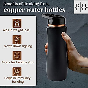 Perilla Home 100% Pure Copper Bottle with Sipper & Lid 25.37 Oz Ayurvedic Water Bottle Multipurpose Bottle for Gym, Travelling, Outdoors, Indoors Leak Proof (Black)