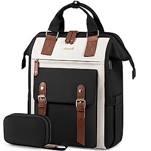 LOVEVOOK 17 Inch Laptop Backpack For Women Work Large Travel Backpack Purse, Nurse Bag College Backpack, Teacher Doctor Business Laptop Bag, Waterproof Wide Open Computer Back pack, Black-Beige-Brown