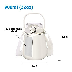 VAlinks Big Belly Stainless Steel Water Bottle with Shoulder Strap, Handle & Cute Stickers, 32oz/900ml Cute Insulated Water Bottle with Straw, Leak Proof Flip-Top Lid Vacuum Bottle, White