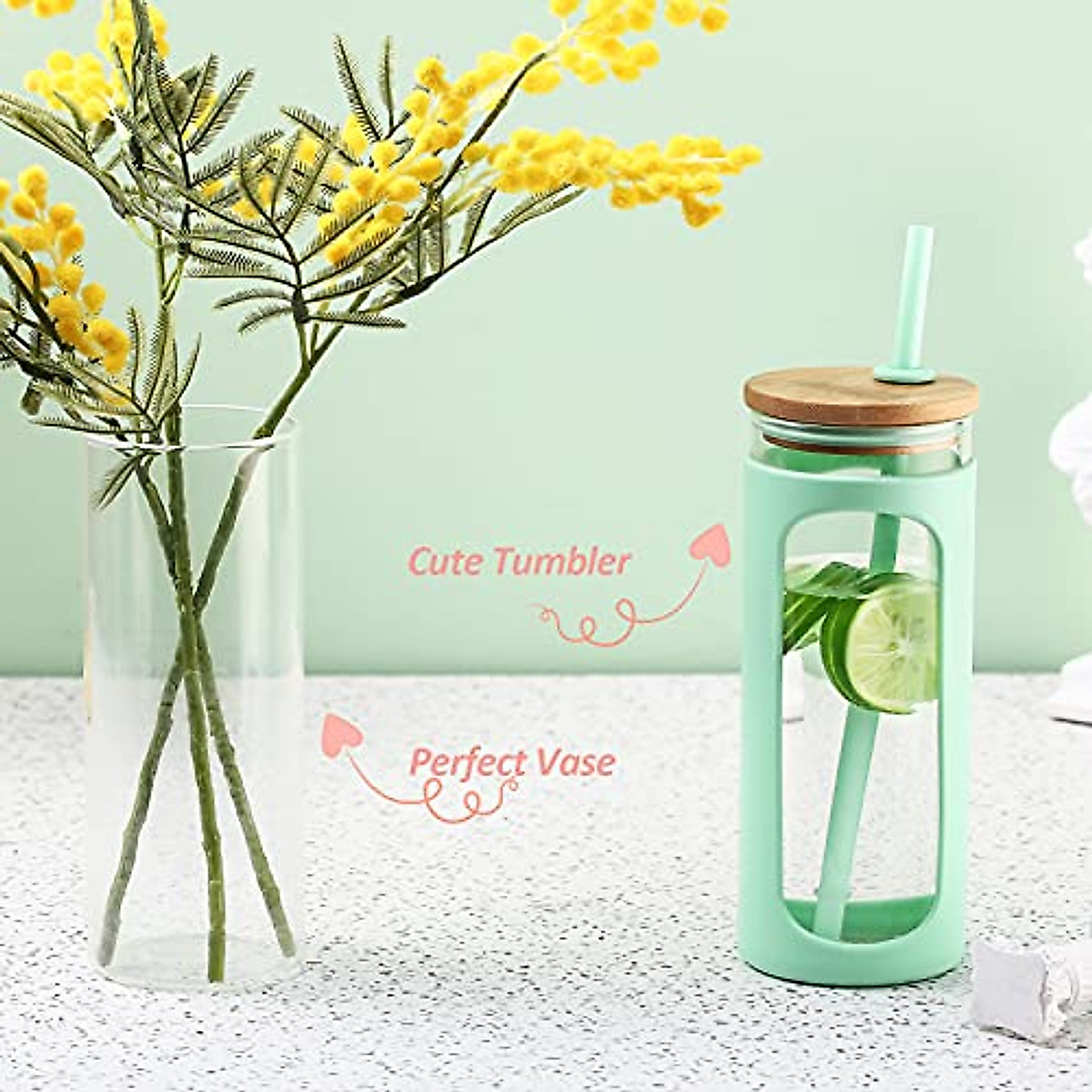 Kodrine 20oz Glass Water Tumbler with Straw and Lid,Bamboo Lids Water Bottle, Iced Coffee Cup Reusable, Wide Mouth Smoothie Cups, Straw Silicone Protective Sleeve BPA FREE-White