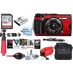 Extreme Electronics Olympus Tough TG-6 Waterproof Camera (Red) - Adventure Bundle with Extra Batterie + Float Strap Sandisk 128GB Ultra Memory Card Padded Case Flex Tripod Photo Software Suite More