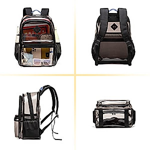 ASKSKY Clear Backpack Stadium Approved, Thriple Compartments Book Bag Heavy Duty Black PVC See Through Backpack for School for College Travel Work Festival, Black and Grey