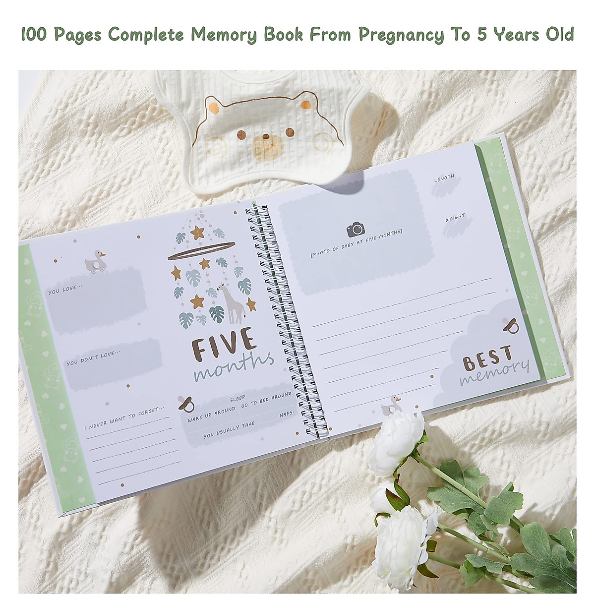 Complete 100 Pages First 5 Years Baby Memory Book and Baby Milestone Book, Easy to Fill Baby Journal From Pregnancy to 5 Years, Hardcover Baby Album and Memory Book, 9.3” x 9.3”