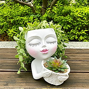 CLEECOO Face Planter Pots Head Double Flower Pots in One for Indoor and Outdoor with Drainage Hole(Large Size) (White)