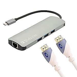 Verbatim 9-in-1 USB C Hub Adapter - 100W Power Delivery, USB 3.0, SD Card Readers, Gigabit LAN, 3.5mm Port for USB C Laptops + 6FT Monster 4K Ultra HDMI Cable