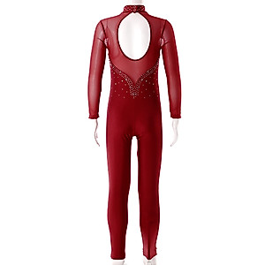Linjinx Kids Girls Long Sleeve Rhinestone Gymnastics Leotard Unitard Full Body One Piece Figure Ice Skating Jumpsuit Bodysuit Burgundy 10 Years