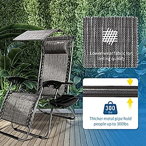 Bonnlo Zero Gravity Chair with Canopy Shade Patio Sunshade Lounge Chair, Folding Chair with Canopy Reclining Canopy Chairs with Cup Holder and Headrest for Beach Garden (Grey)