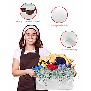 Eucalyptus Storage Basket Sage Green Large Foldable Storage Bins with Handles Watercolor Leaves Waterproof Fabric Laundry Baskets for Organizing Shelves Closet Toy Gifts Bedroom Home Decor