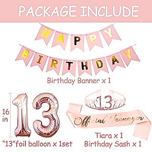 13th Birthday Decorations for Girls Rose Gold Sash Tiara Crown Cake Topper Banner Balloons for 13 Years Old Birthday Party Supplies
