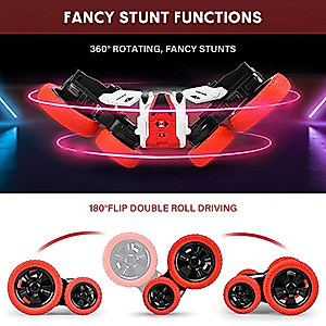 Remote Control Car, Double Sided RC Car, 4WD Off-Road Stunt Car with 360° Flips, 2.4Ghz Indoor/Outdoor All Terrain Rechargeable Electric Toy Cars Gifts for Boys Kids 3 + Year Old (Red)