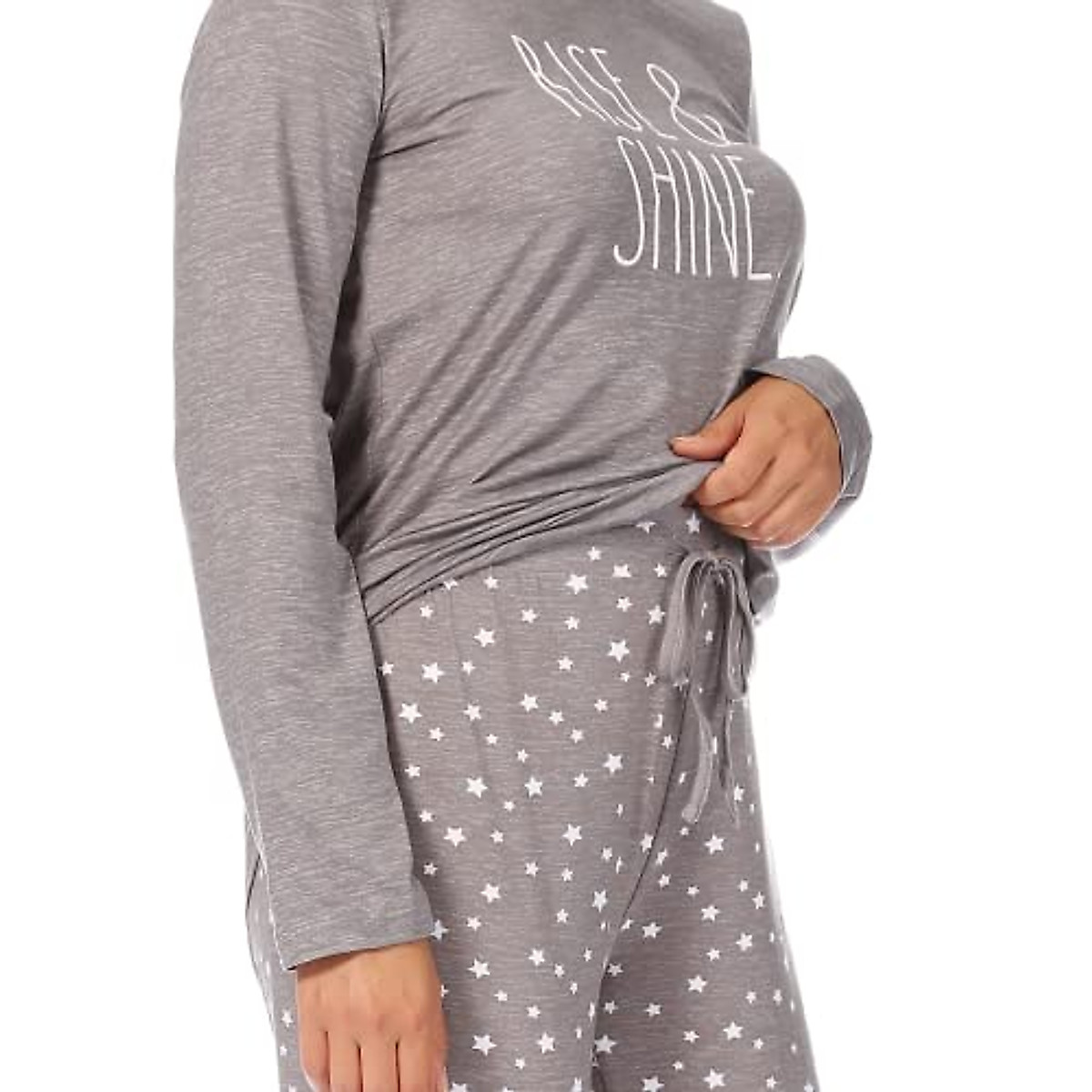 Rae Dunn Women's RISE & SHINE Long Sleeve Top and Drawstring Joggers Pajama Set, Gray Stars, Medium
