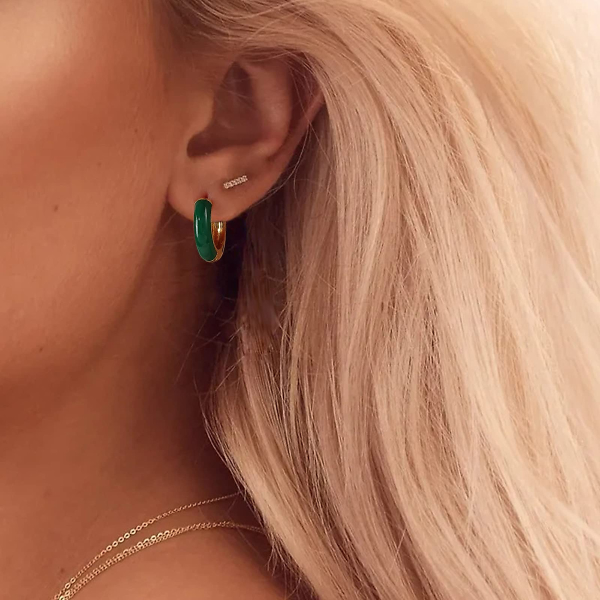 Lourny Small Hoop Earrings for Women, 18K Gold Plated Hypoallergenic Cute Enamel Huggie Earring Gifts for Women (Dark Green)