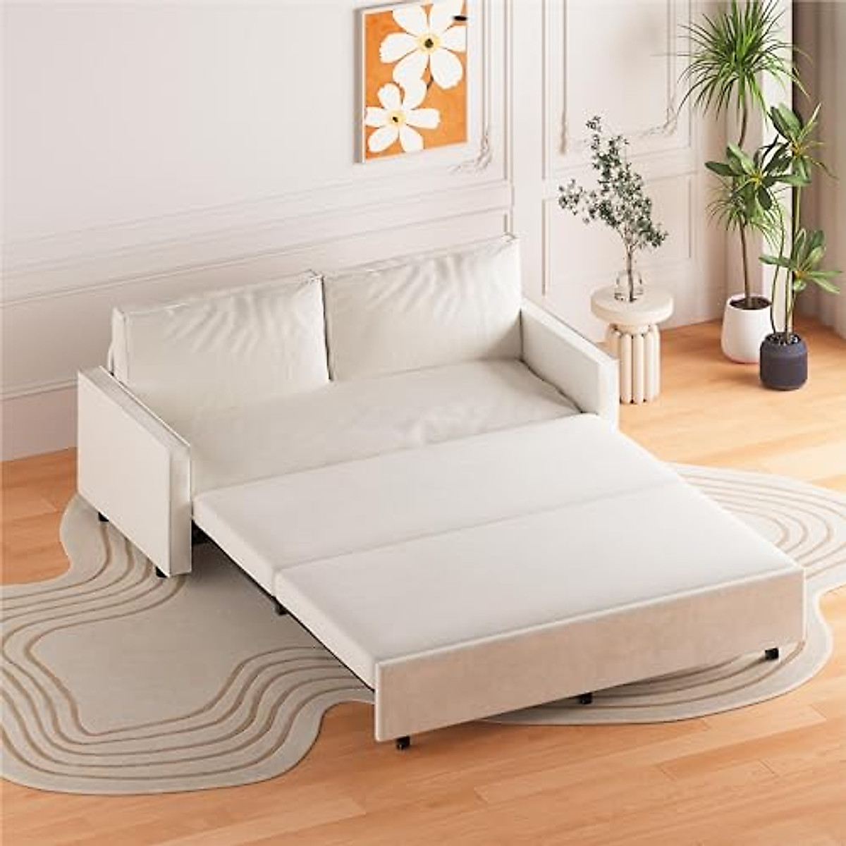 Eafurn Loveseat Sleeper, Beige Velet 63.8" Queen with USB Port