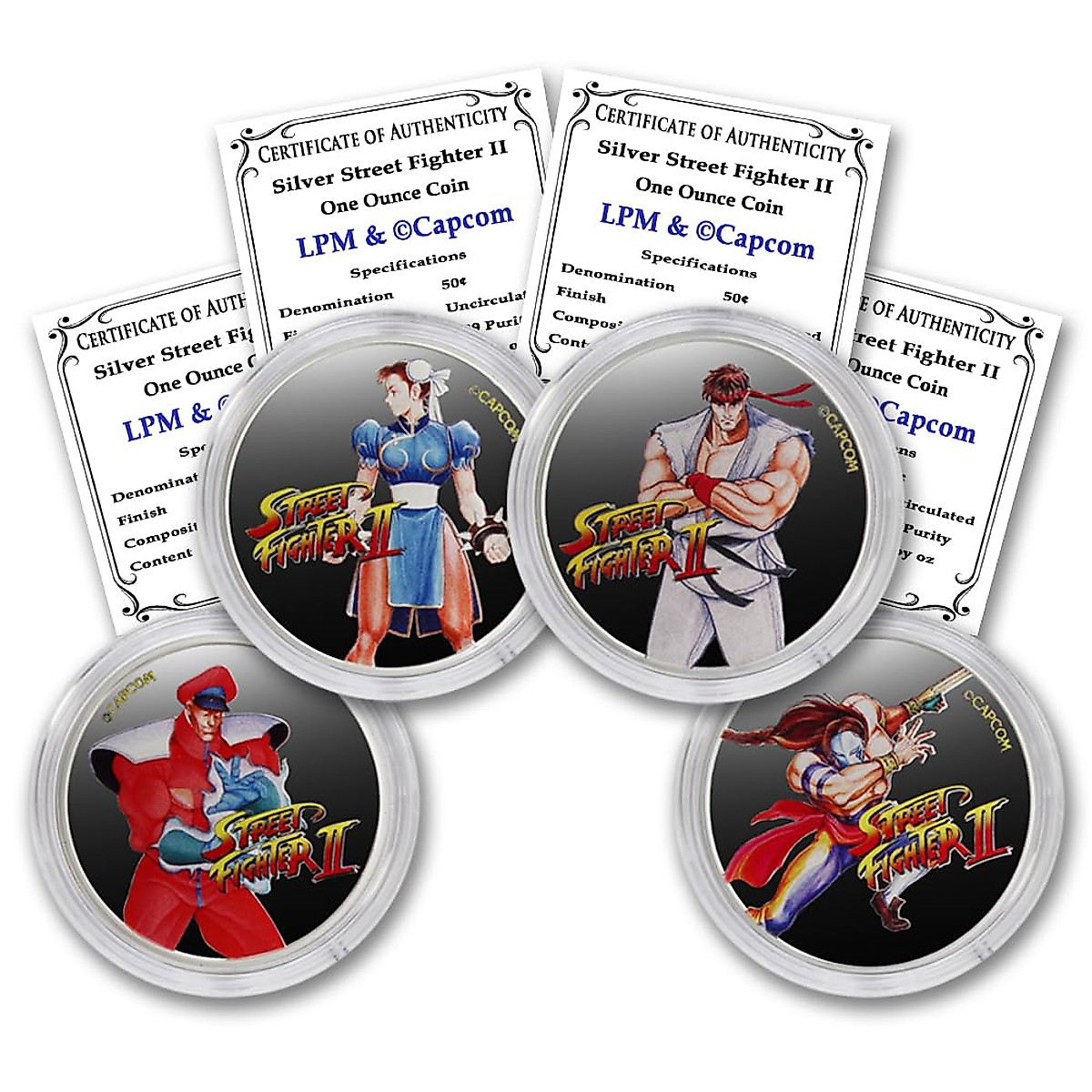 2021 Set of (4) 1 oz Silver Fiji Street Fighter 30th Anniversary Coins (Vega - Chun-Li - M Bison - Ryu) Brilliant Uncirculated (in Capsule) with Certificates of Authenticity 50c BU
